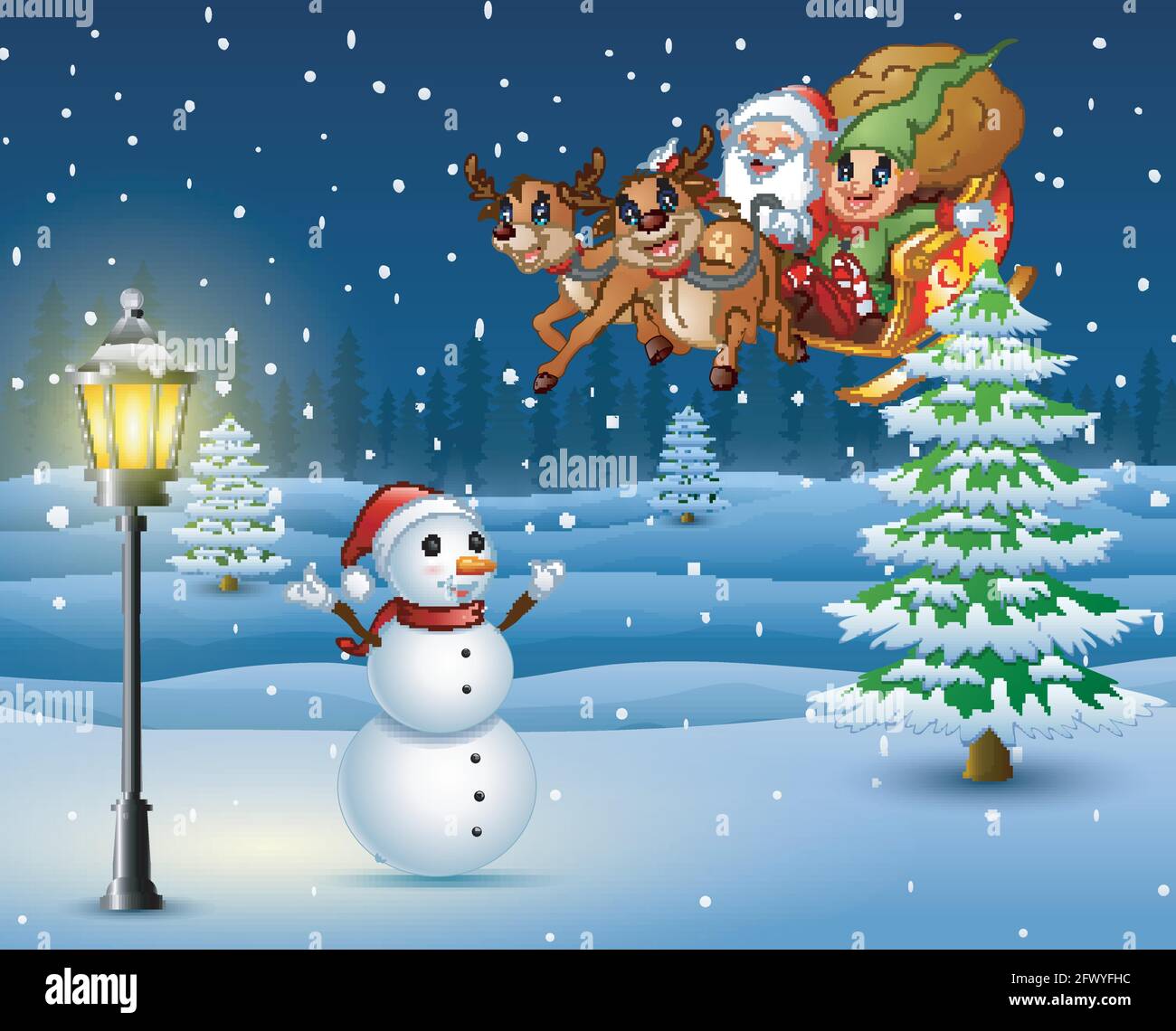 Snowman in the snowing hill with santa flying over Stock Vector Image ...