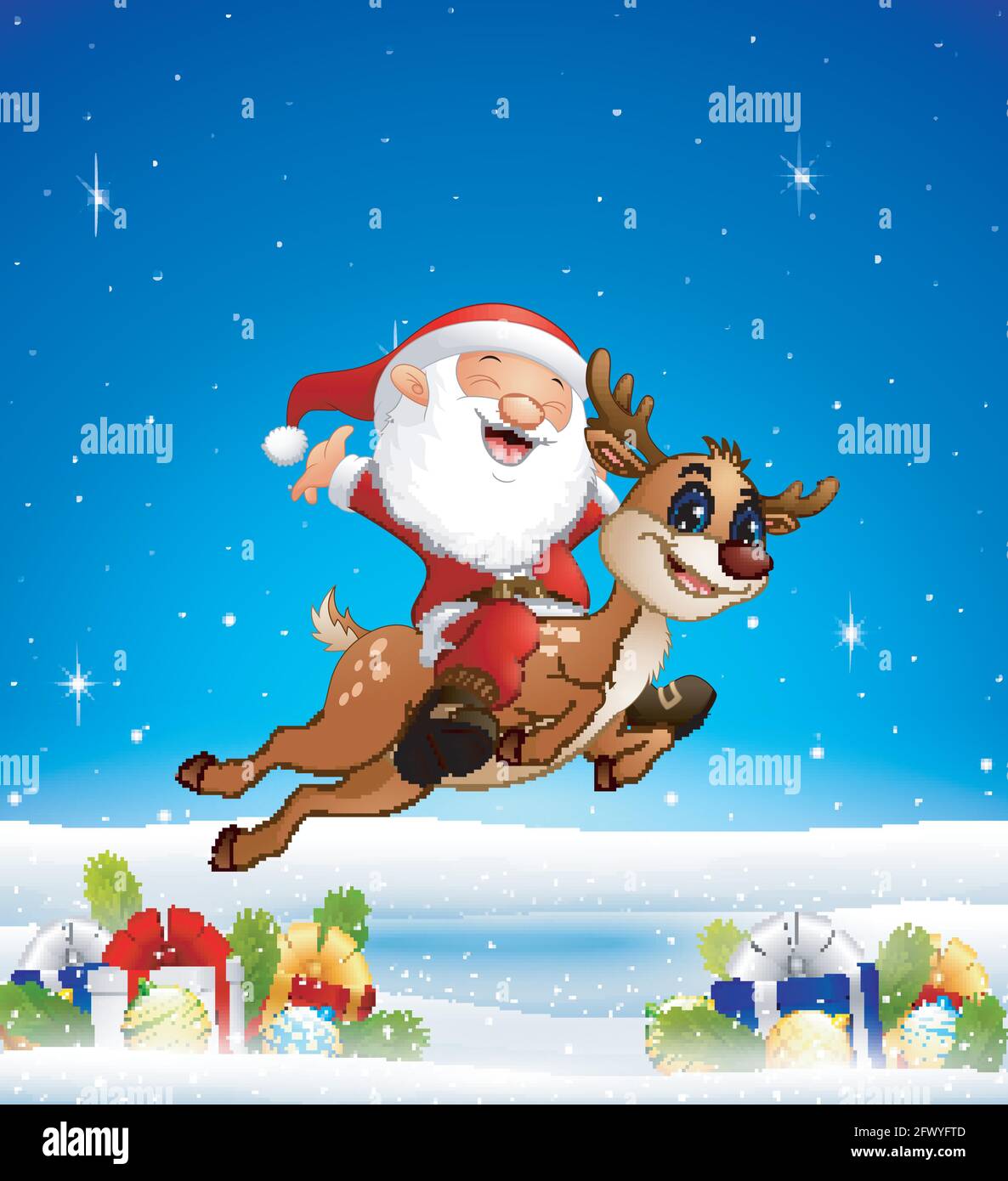 Happy santa riding a reindeer in the winter background with balls Stock ...