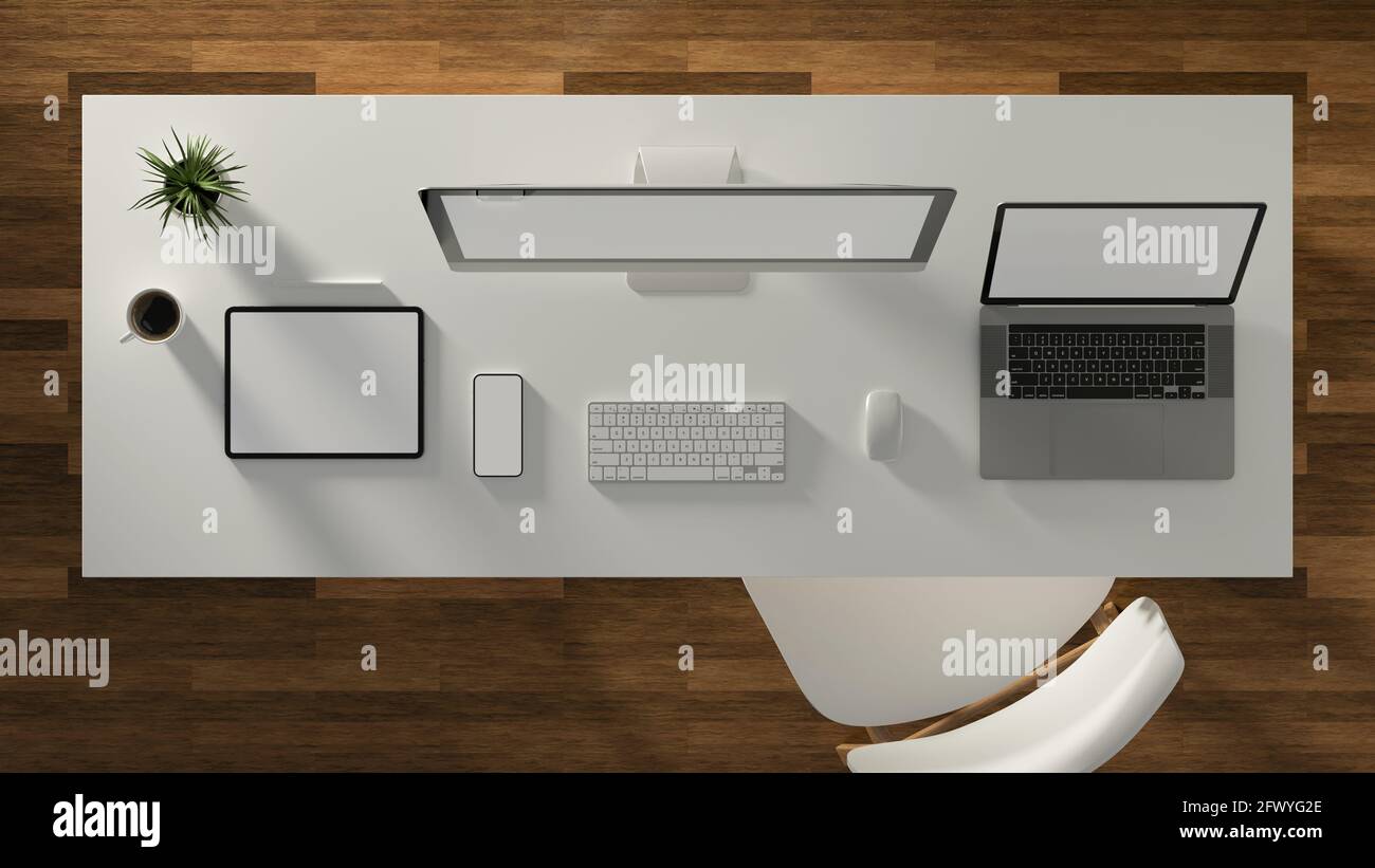 3D rendering, white table with computer, laptop, tablet, smartphone and ...