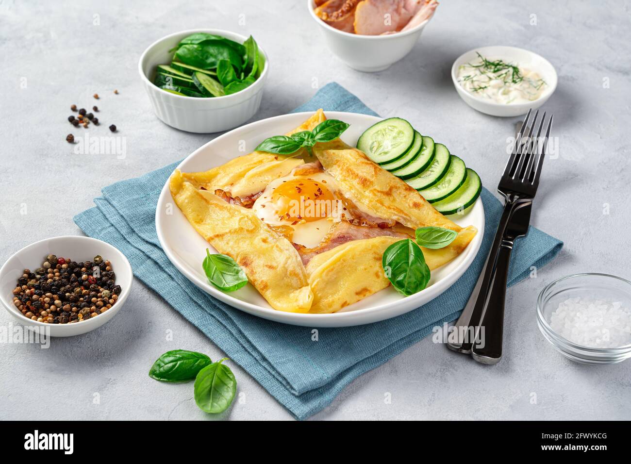 Bacon egg and cheese on a crepe hi-res stock photography and images - Alamy