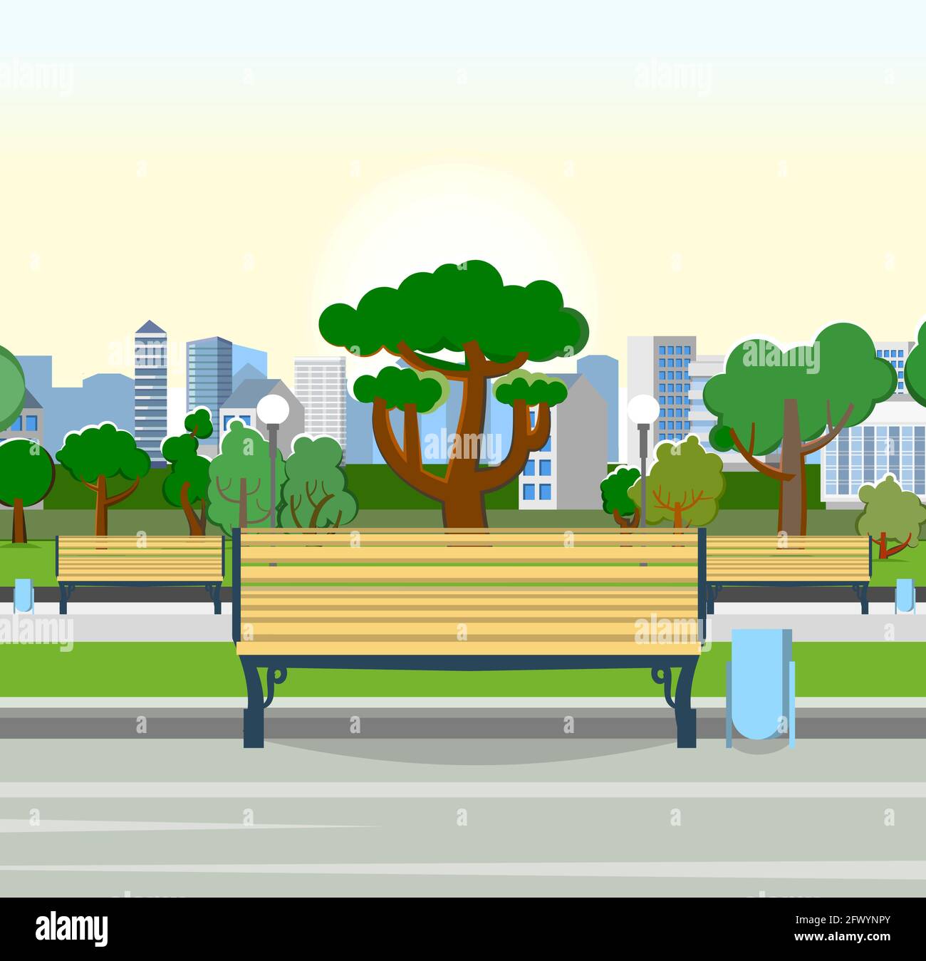 Bench. City park area. Trees, shrubs and lanterns. Beautiful summer ...