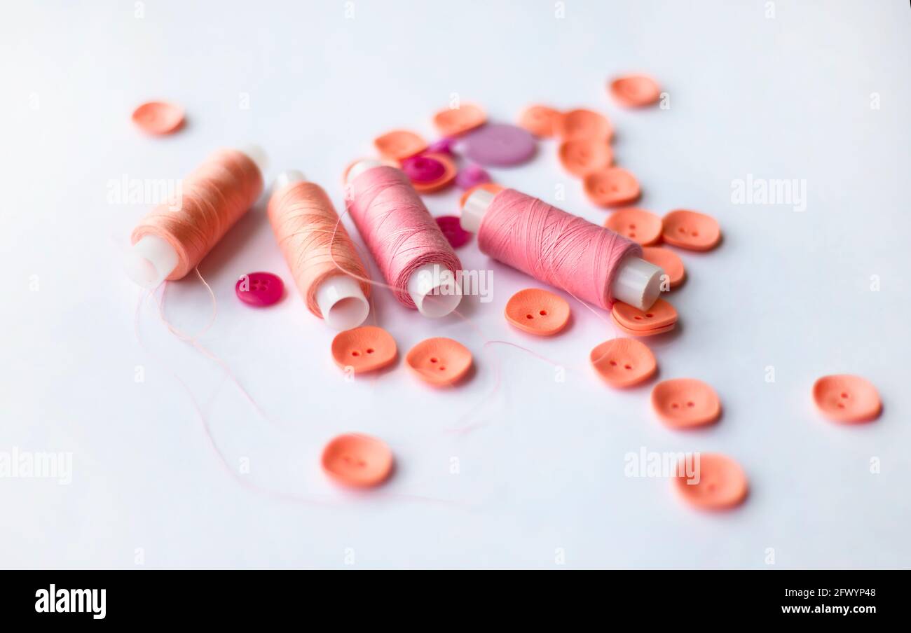 A scattering of buttons and threads of coral and pink color on a white ...
