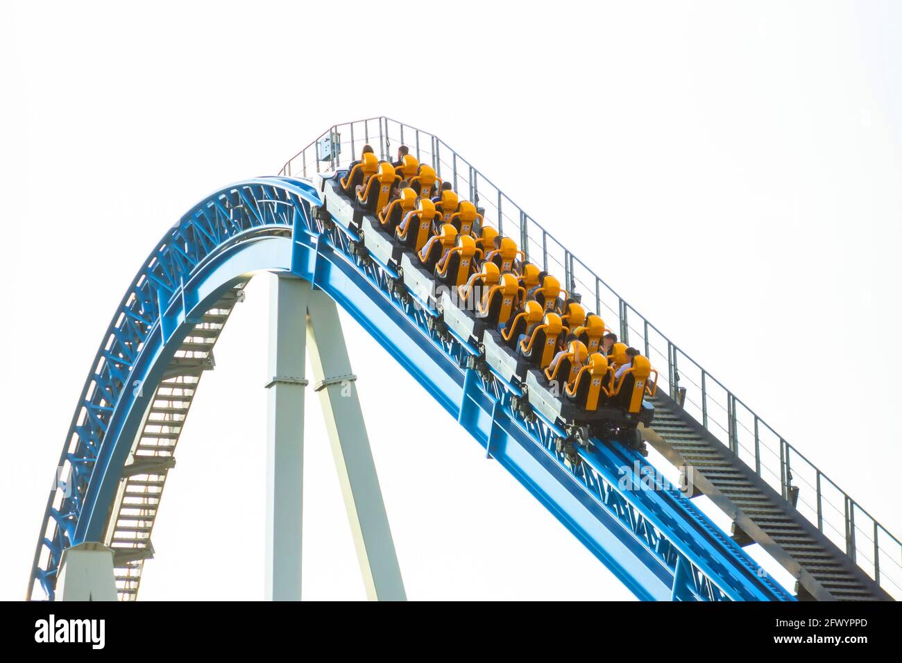Climbing a trolley with people on a roller coaster before an extreme ...