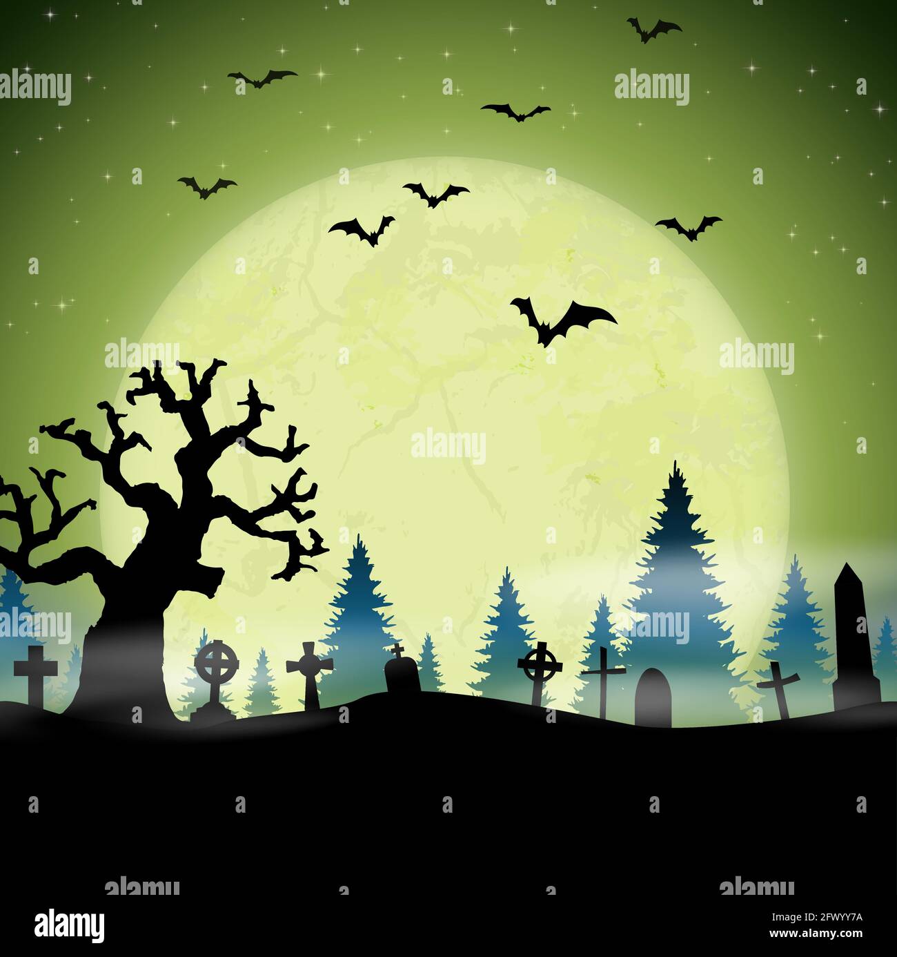 eps vector cemetery in front of woodlands with full moon with scary ...