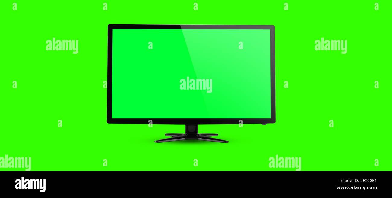 Desktop or pc blank screen template. Computer open view, empty green ...