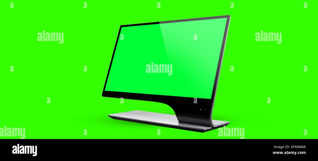 Desktop or pc blank screen template. Computer open view, empty green ...