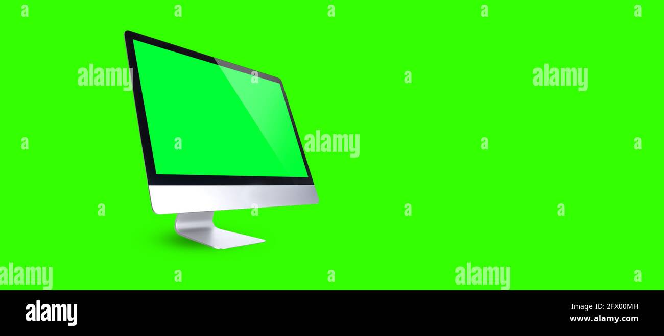 Desktop or pc blank screen template. Computer open view, empty green ...