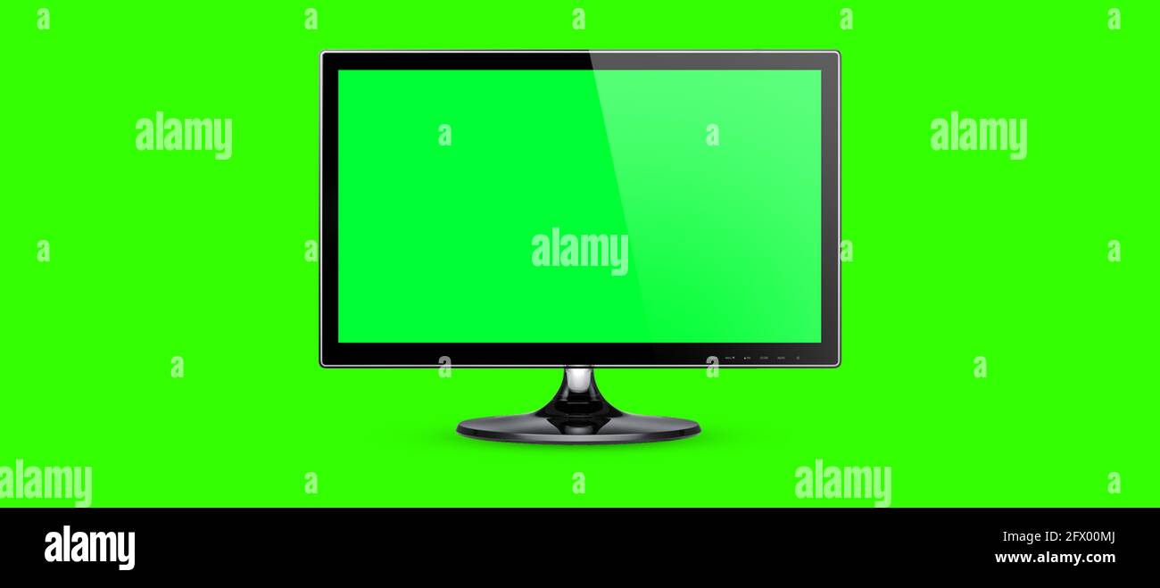 Desktop or pc blank screen template. Computer open view, empty green ...