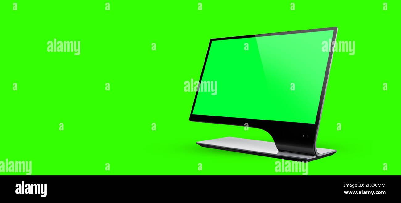 Desktop or pc blank screen template. Computer open view, empty green ...