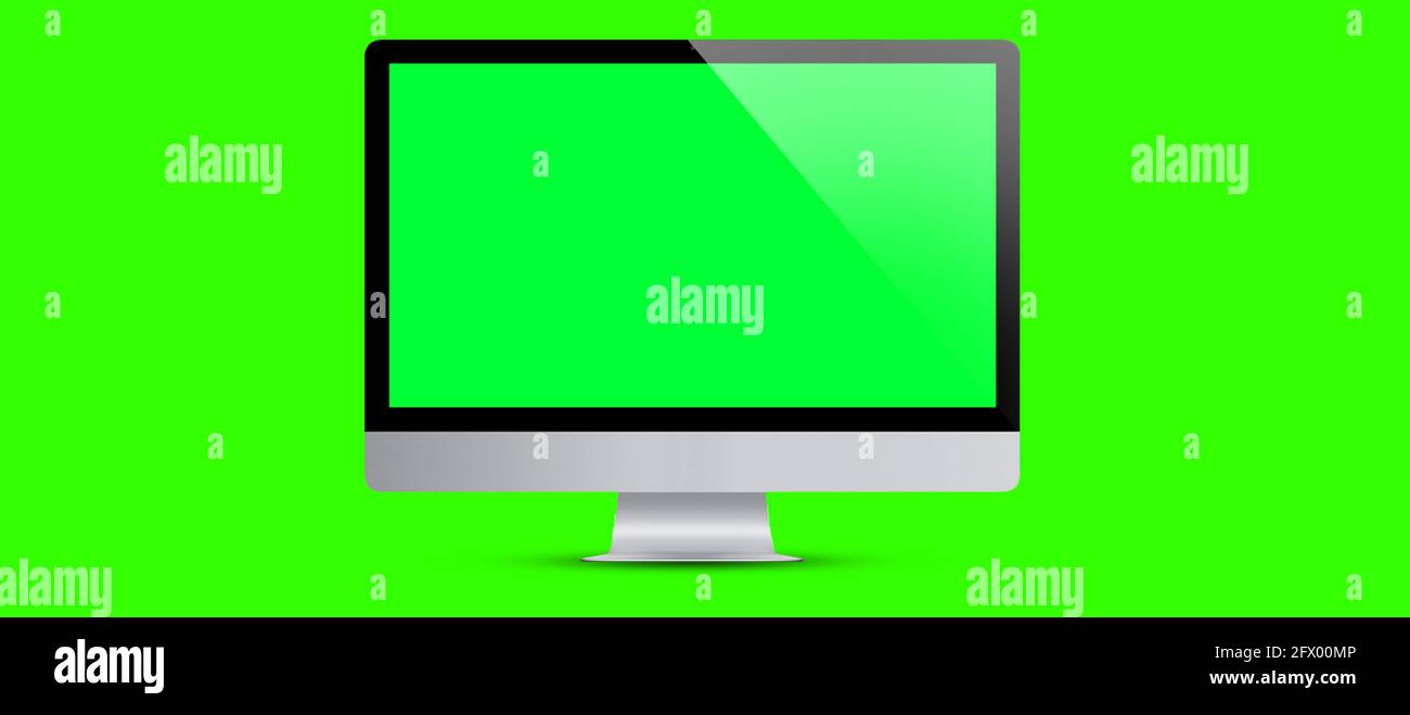 Desktop or pc blank screen template. Computer open view, empty green ...
