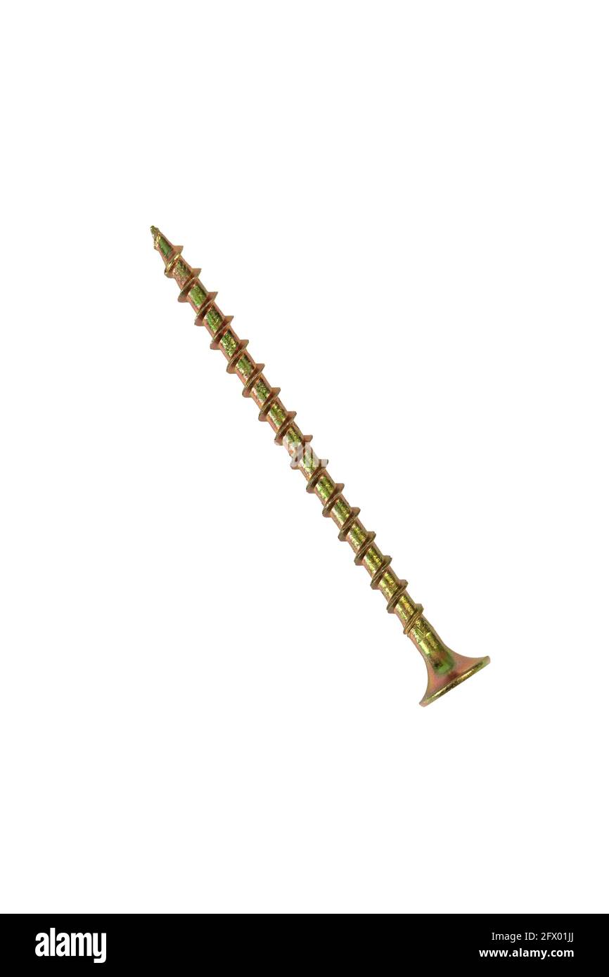 Gold-colored metal self-tapping screw isolated on white background. Top ...