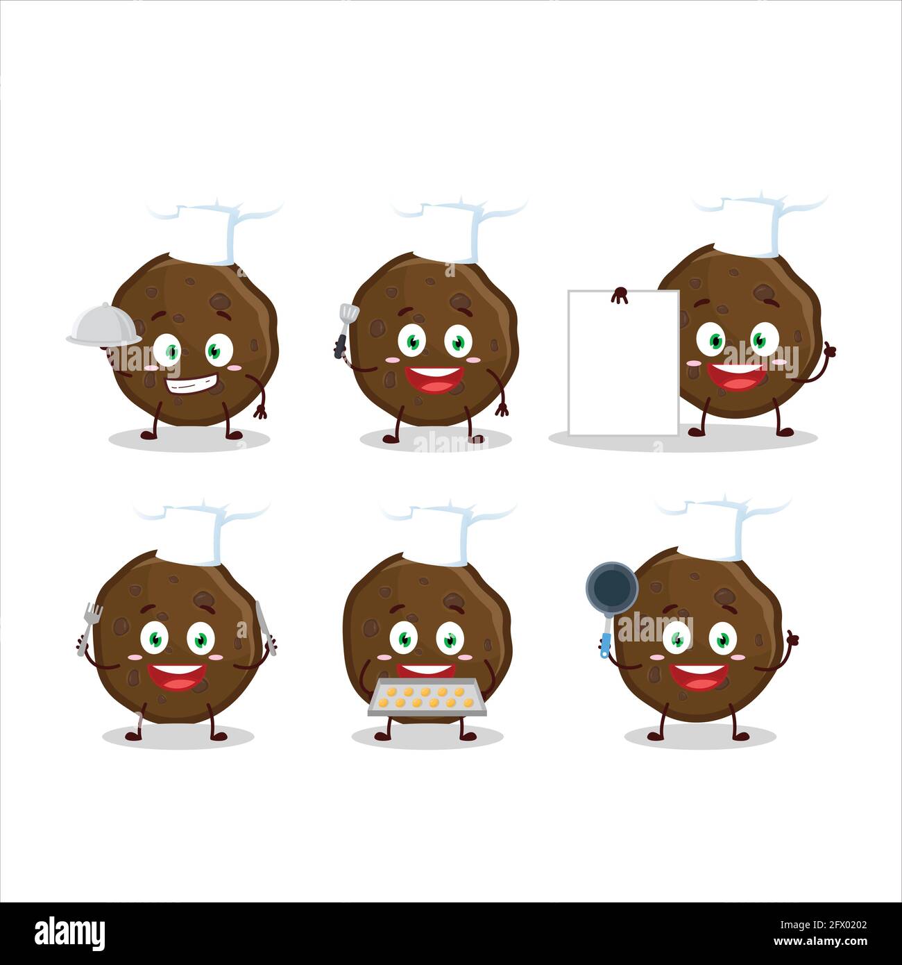 Cartoon character of chocolate cookies with various chef emoticons ...