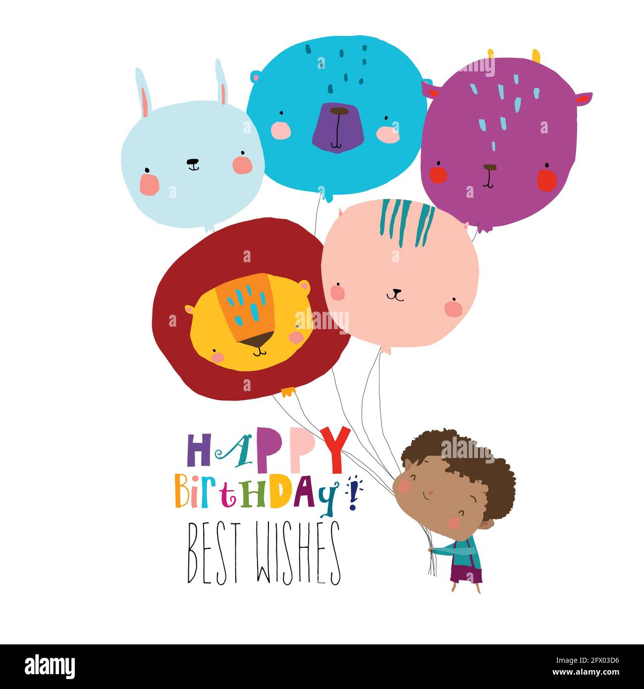 Birthday Card with Cute Boy holding funny Balloons Stock Vector Image ...