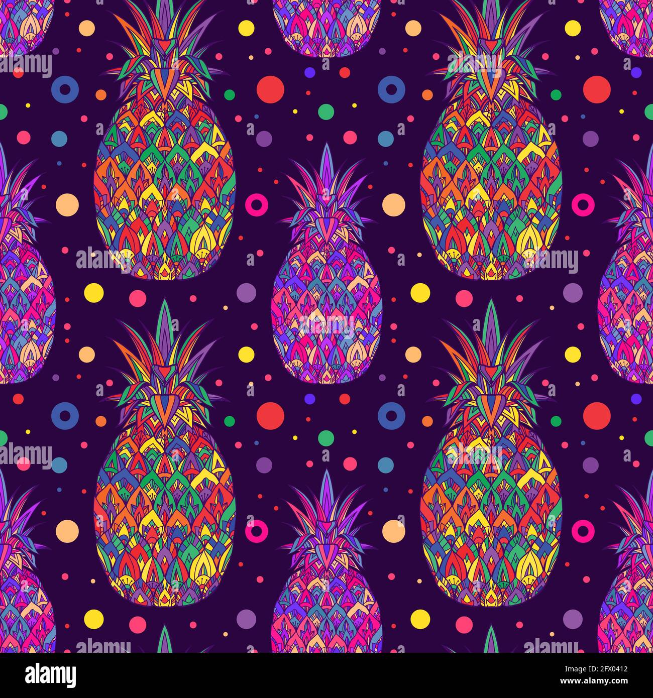 Seamless summer pop art pattern with multicolored pineapples with ...