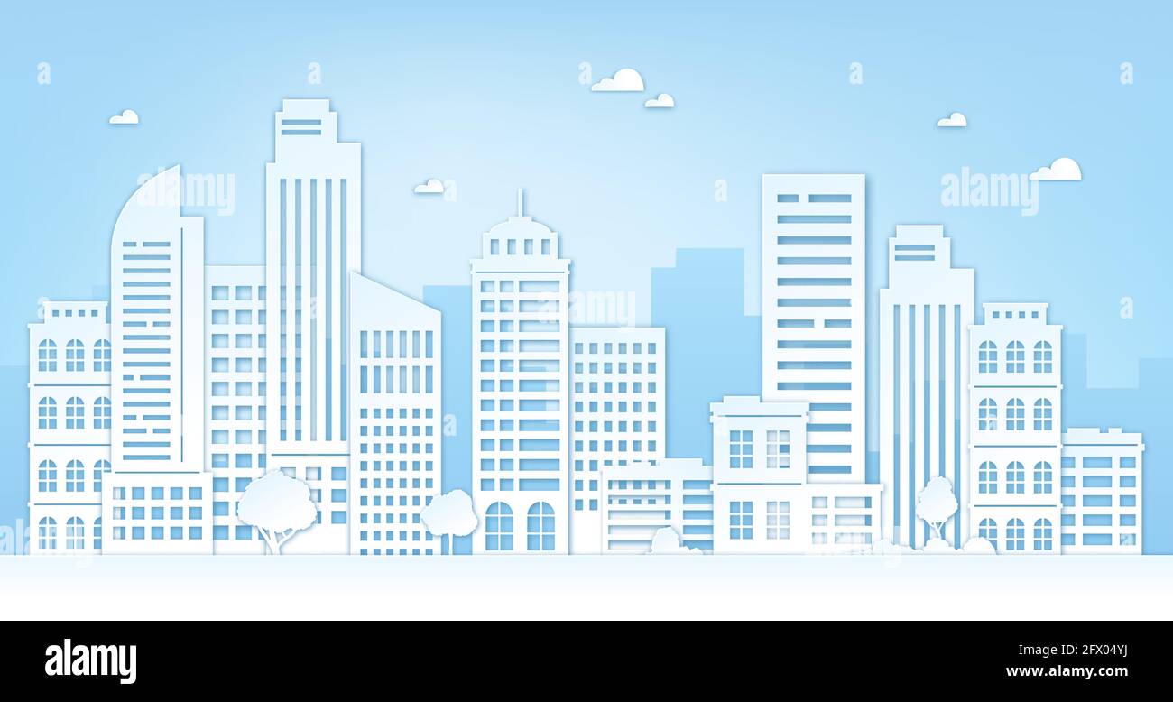 Paper cut cityscape. City landscape with skyscrapers, buildings, trees ...