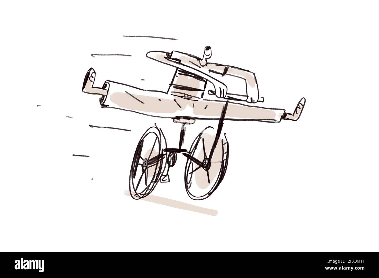 Strange and happy man with his leg up on bike . Parody Humor Cartoon ...