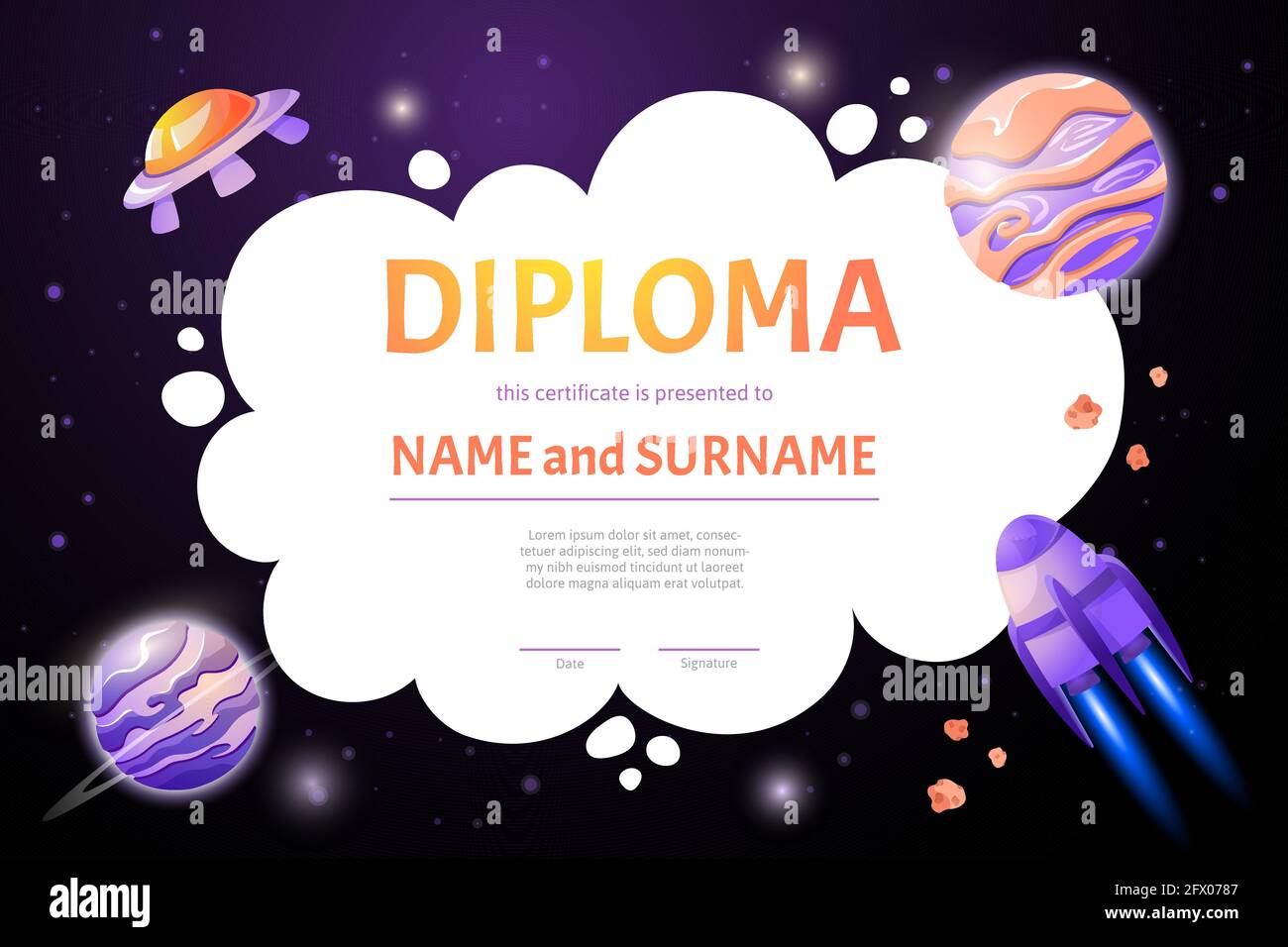 Space diploma certificate with rockets and planets for school and ...