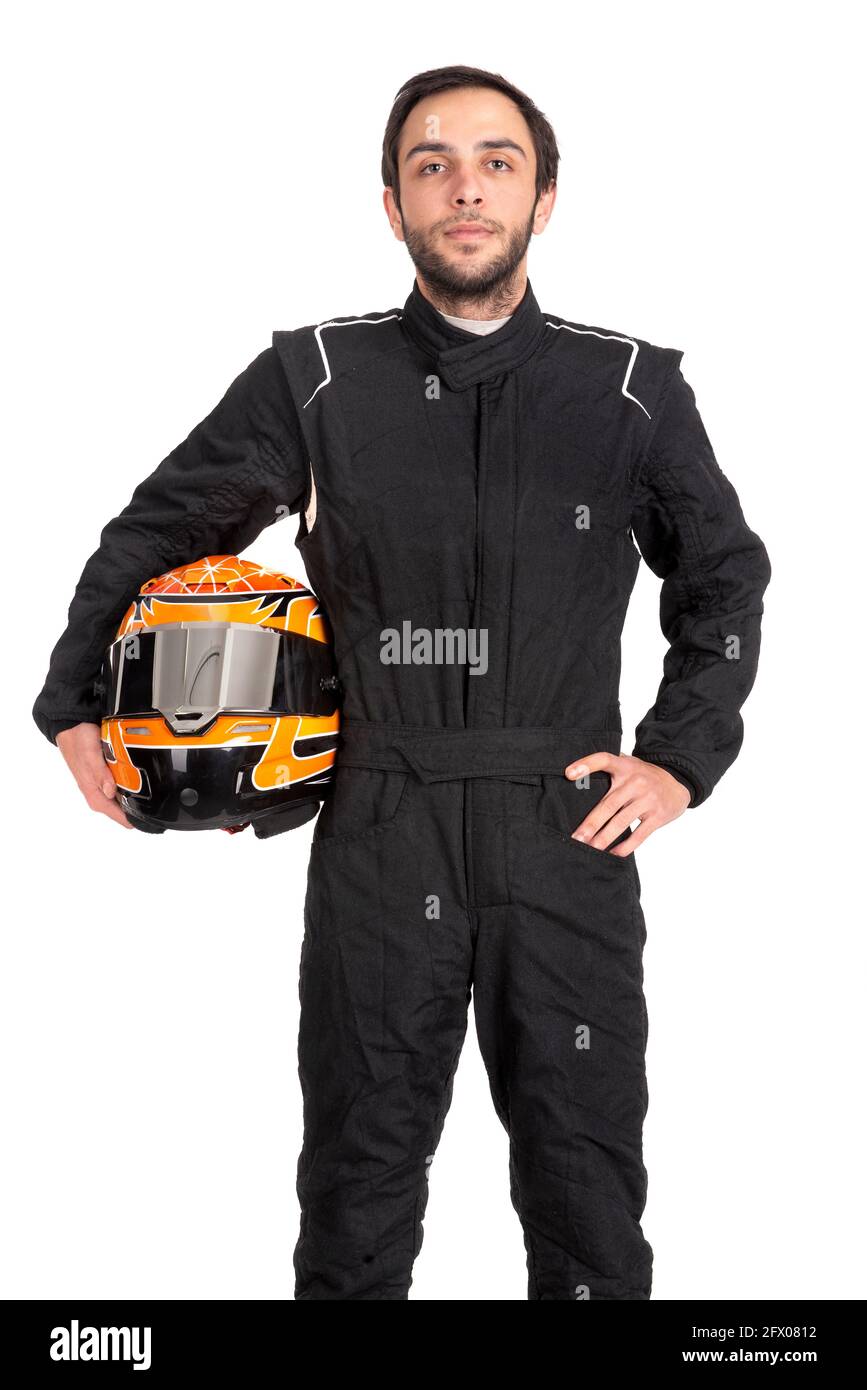 Racing driver posing with helmet isolated in white Stock Photo - Alamy