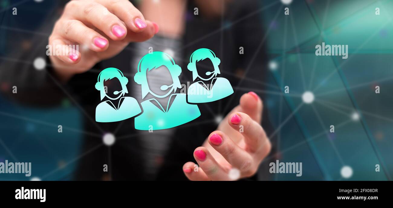 Customer support concept between hands of a woman in background Stock ...