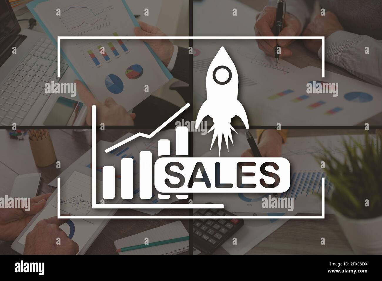 Sales growth concept illustrated by pictures on background Stock Photo ...