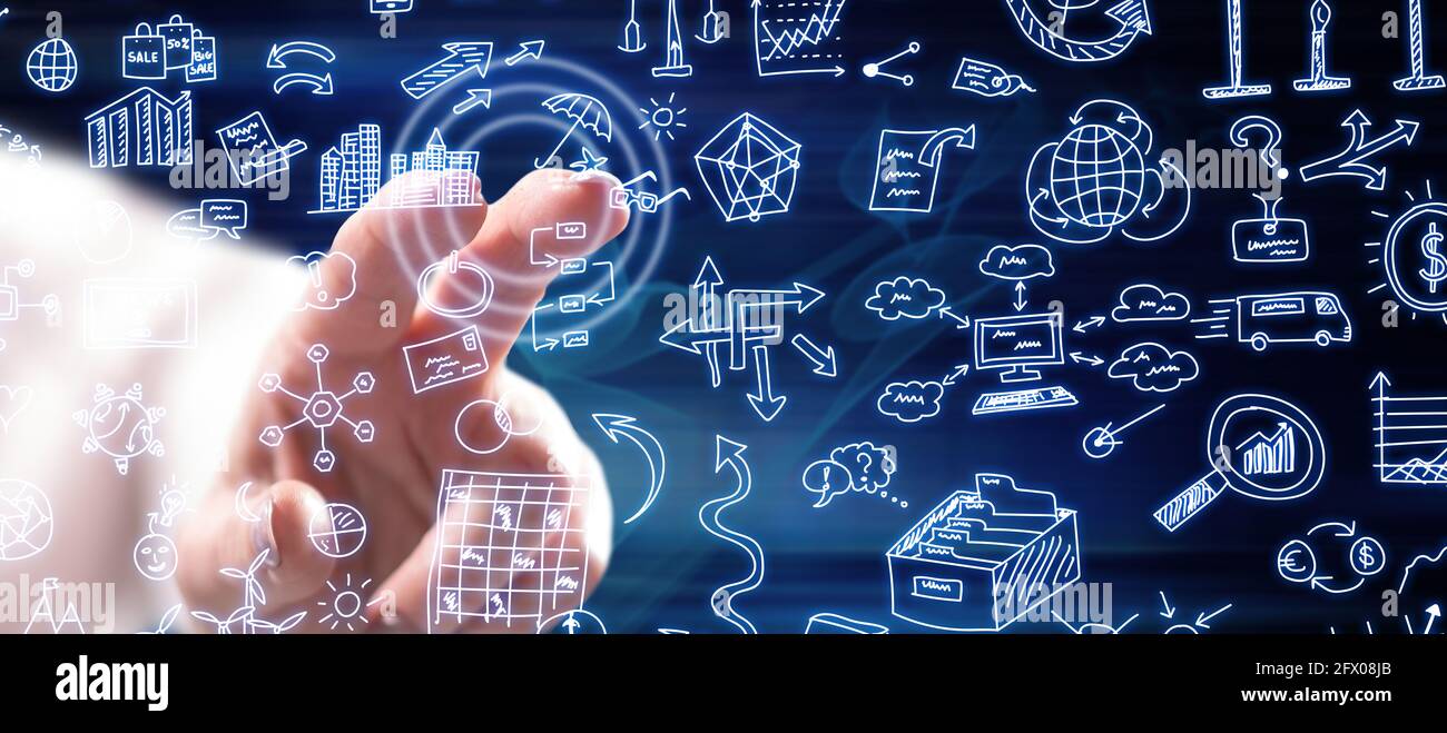 Woman touching business doodles on a touch screen with her finger Stock ...