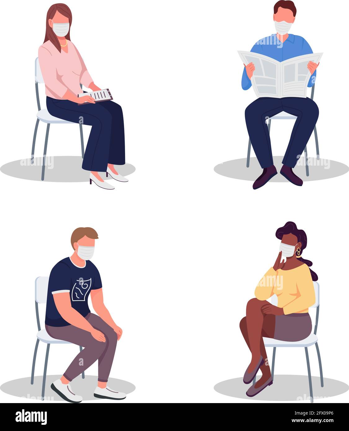 Hospital visitors in masks flat color vector faceless characters set ...