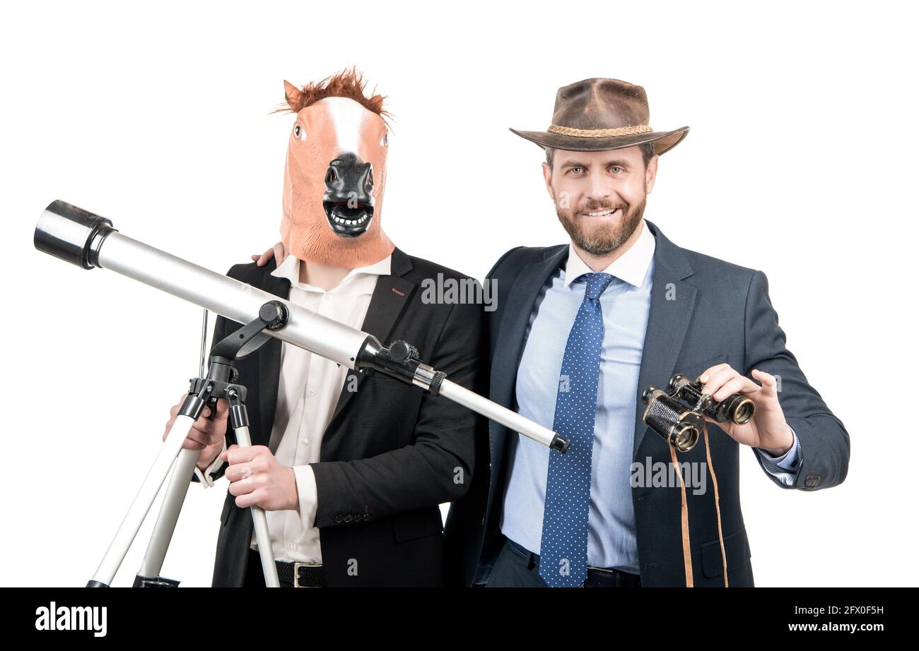 Professional men use telescope and binoculars for observation. Market ...