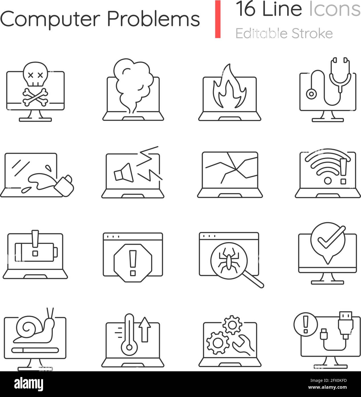 Computer problems linear icons set Stock Vector Image & Art - Alamy