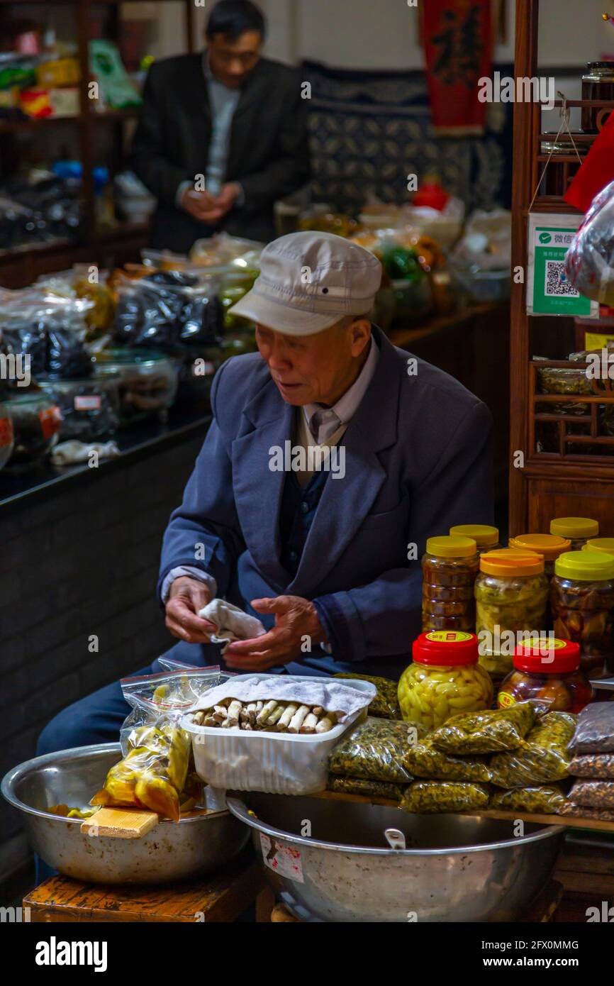 View of local produce stall in Zhujiajiaozhen water town, Qingpu ...