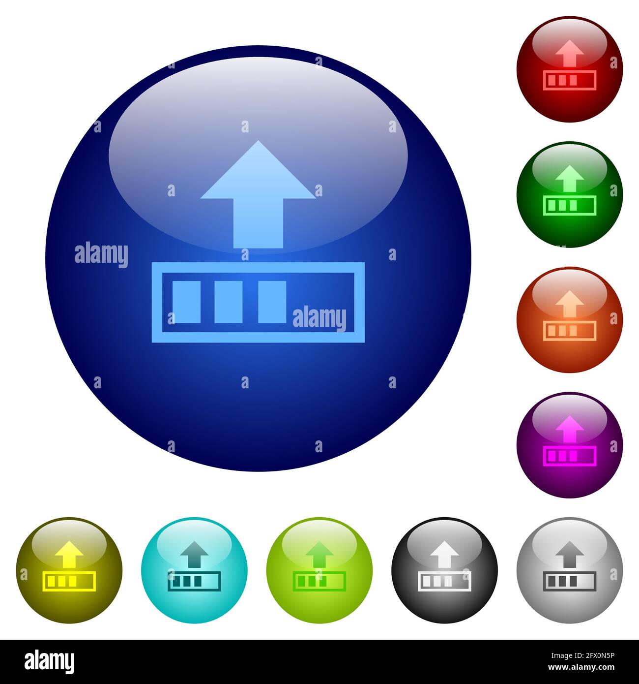 Upload in progress icons on round glass buttons in multiple colors. Arranged layer structure ...