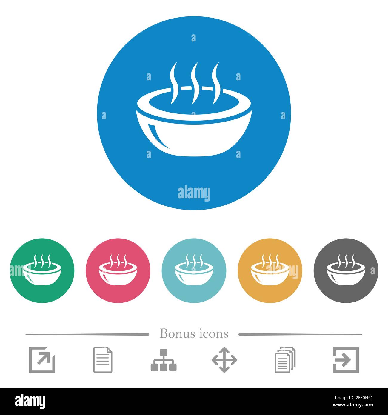 Glossy steaming bowl flat white icons on round color backgrounds. 6 ...