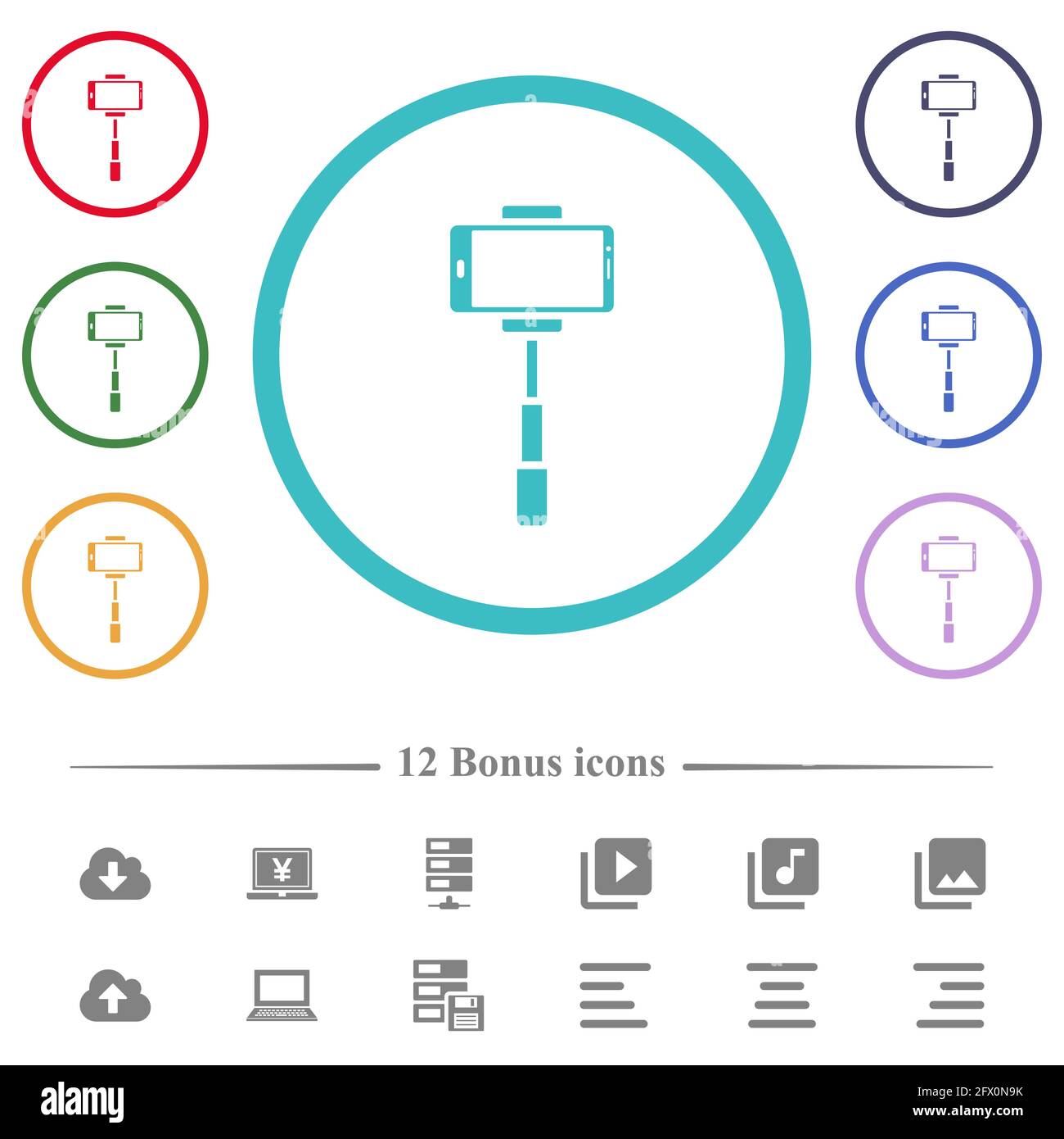 Smartphone on selfie stick front view flat color icons in circle shape ...