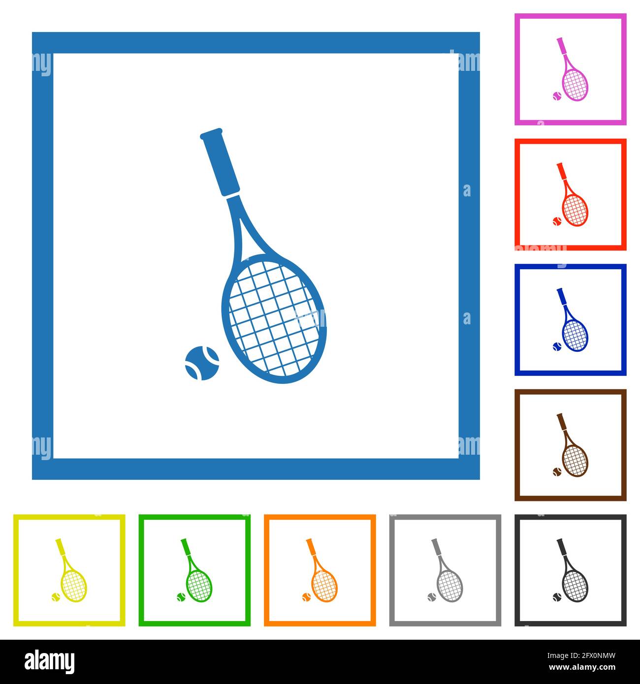 Tennis racket with ball flat color icons in square frames on white ...