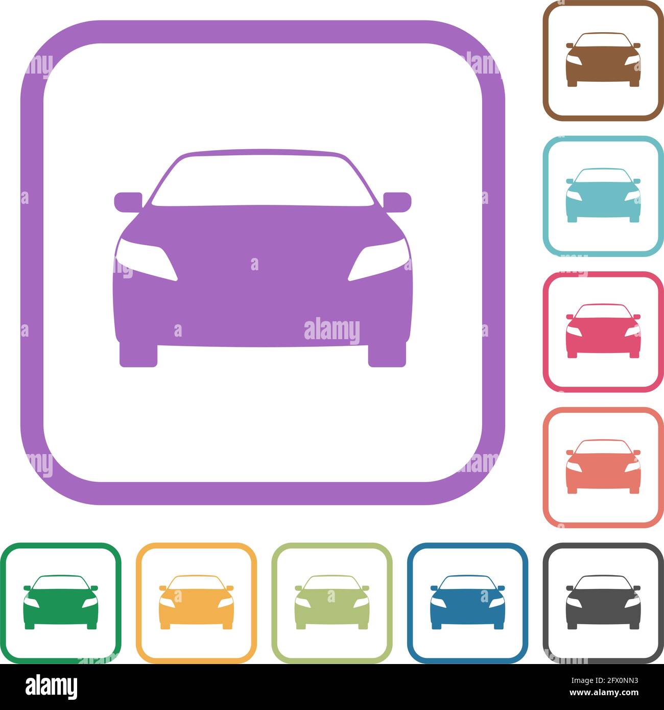 Sport car front view simple icons in color rounded square frames on ...