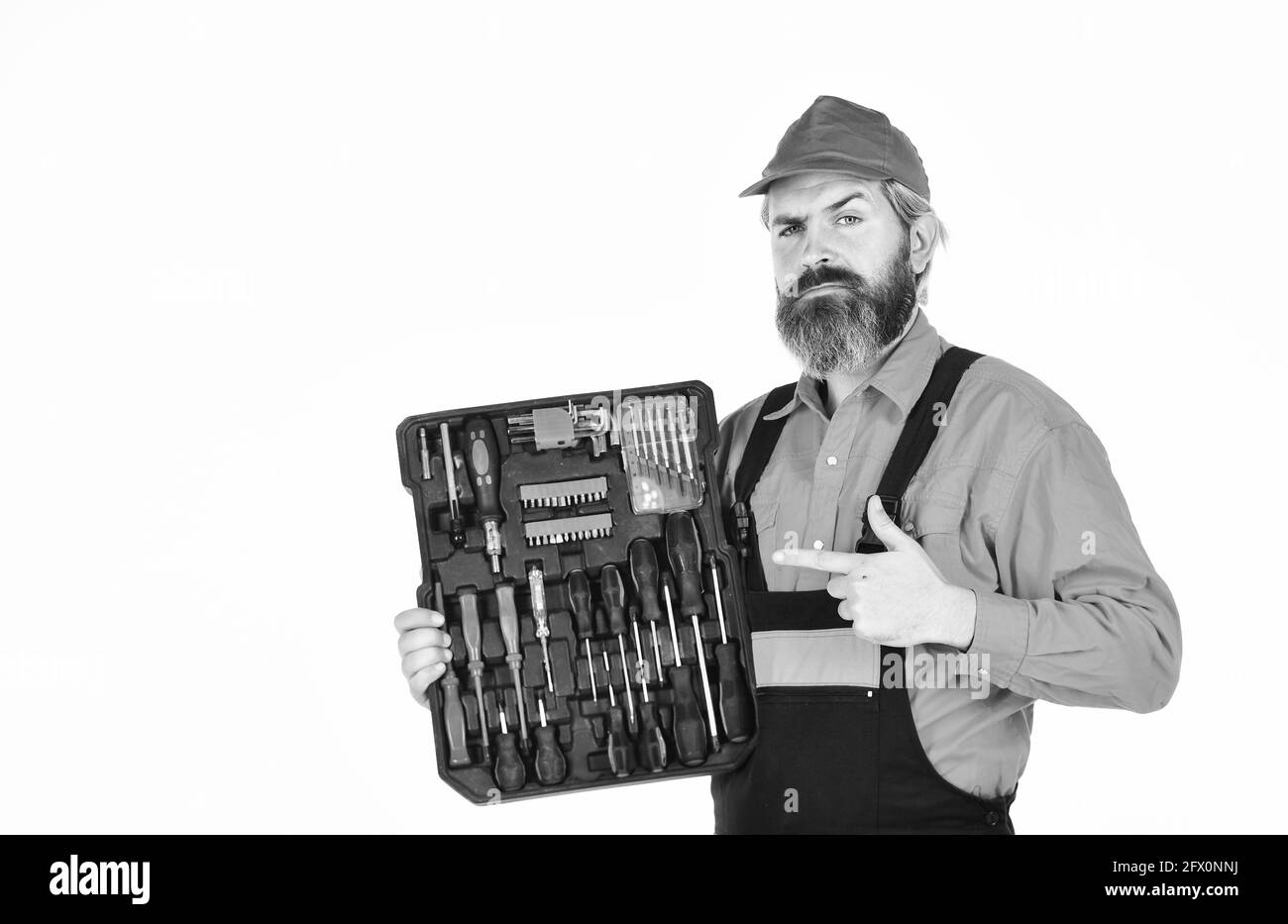 Custom Woodworkers. Set of tools. Screwdrivers set. Man carries toolbox ...