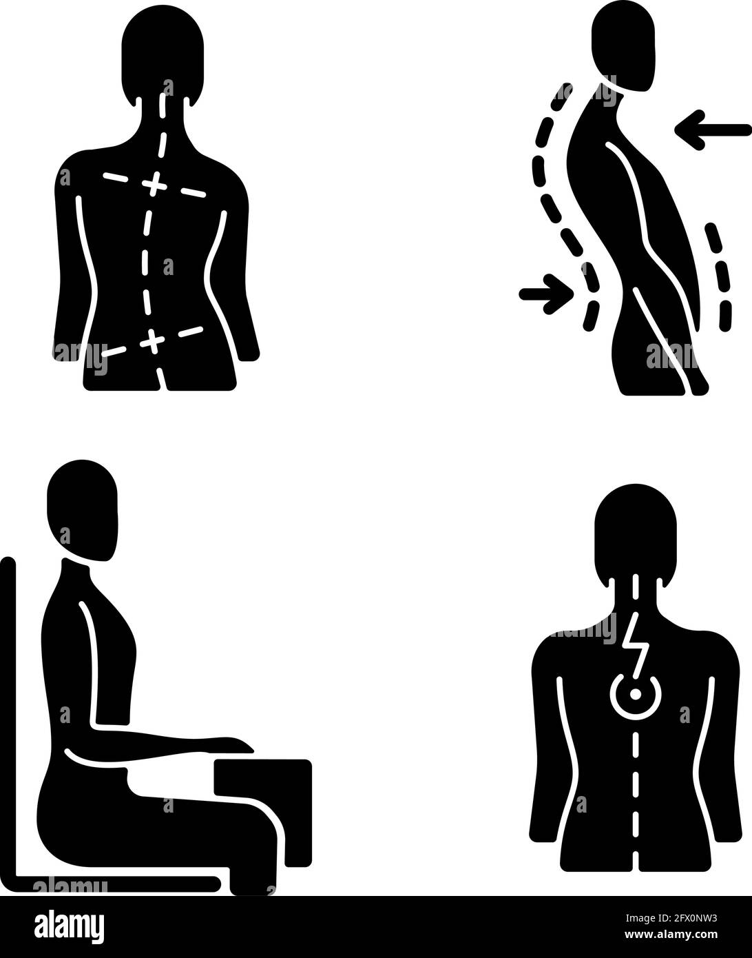 Bad posture problems black glyph icons set on white space Stock Vector ...