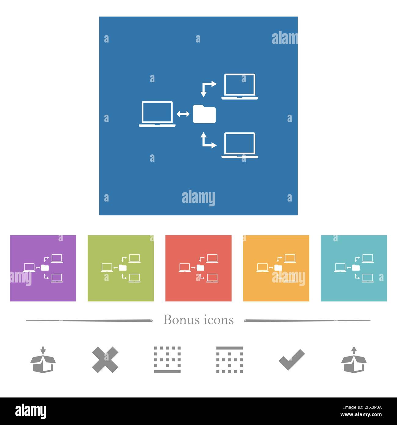 Network file system flat white icons in square backgrounds. 6 bonus ...