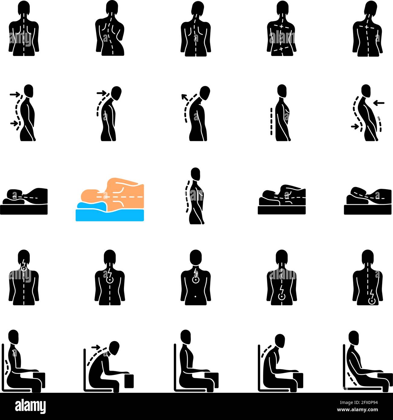 Back and posture problems black glyph icons set on white space Stock ...