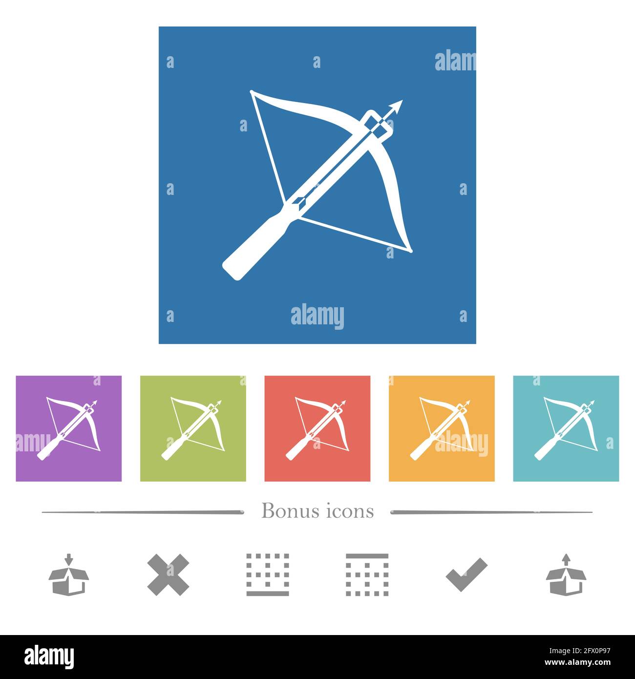 Crossbow with arrow flat white icons in square backgrounds. 6 bonus ...