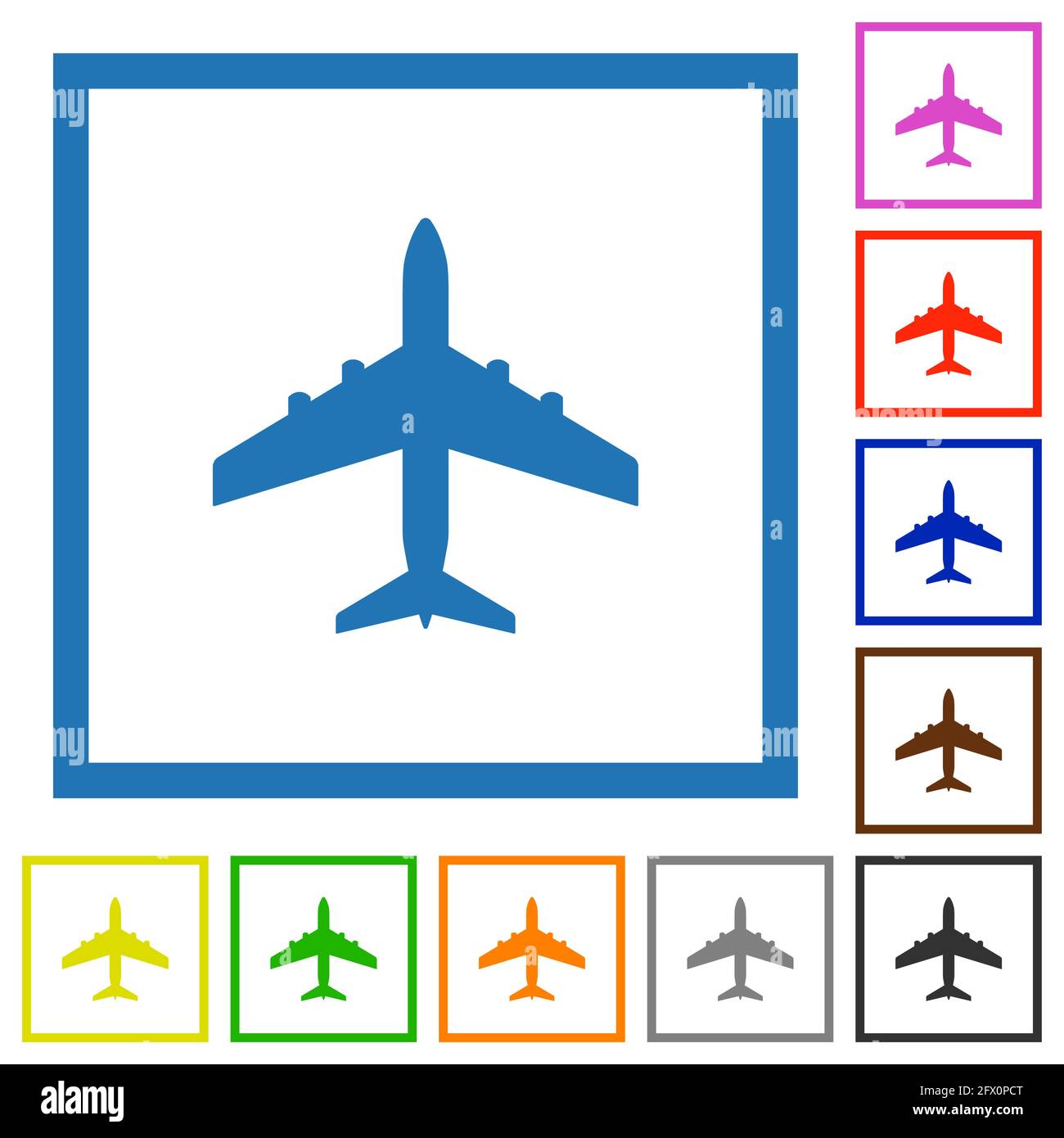 Passenger aircraft flat color icons in square frames on white ...
