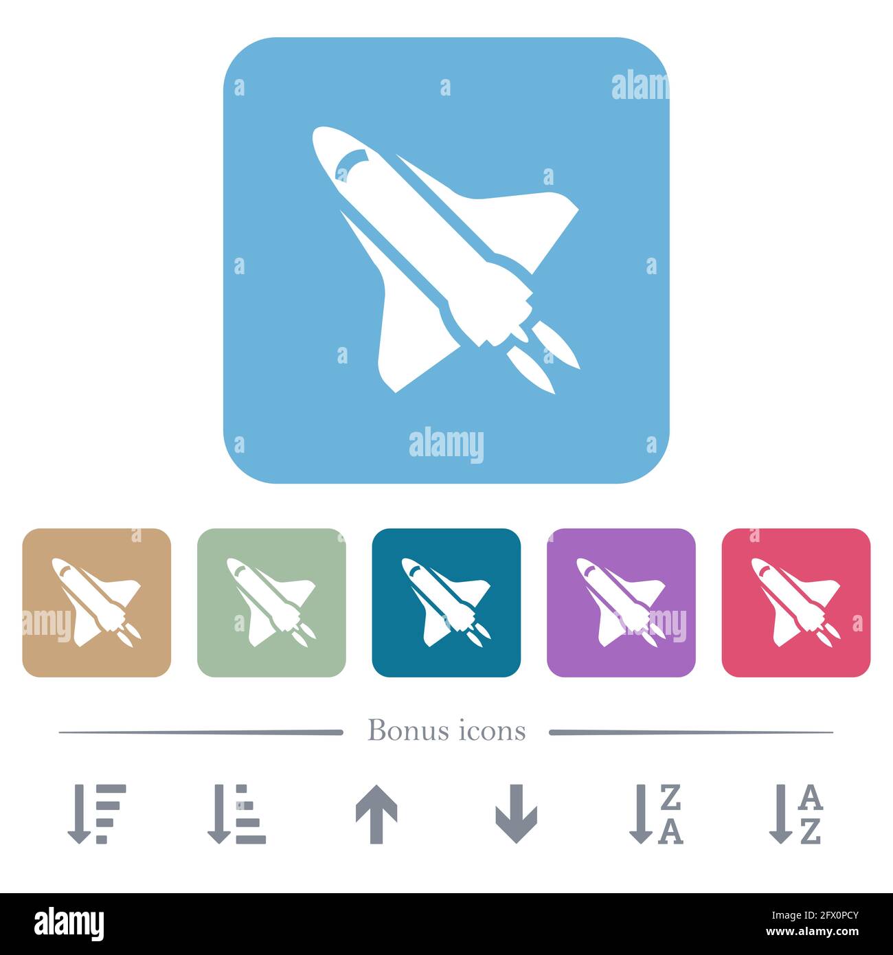 Space shuttle with propulsion white flat icons on color rounded square ...