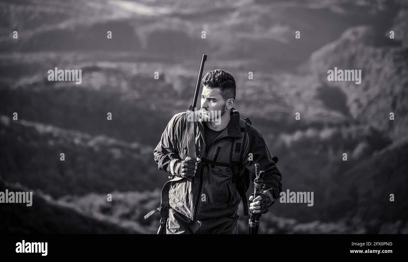 Hunt hunting rifle. Hunter man. Hunting period. Male with a gun. Hunter ...