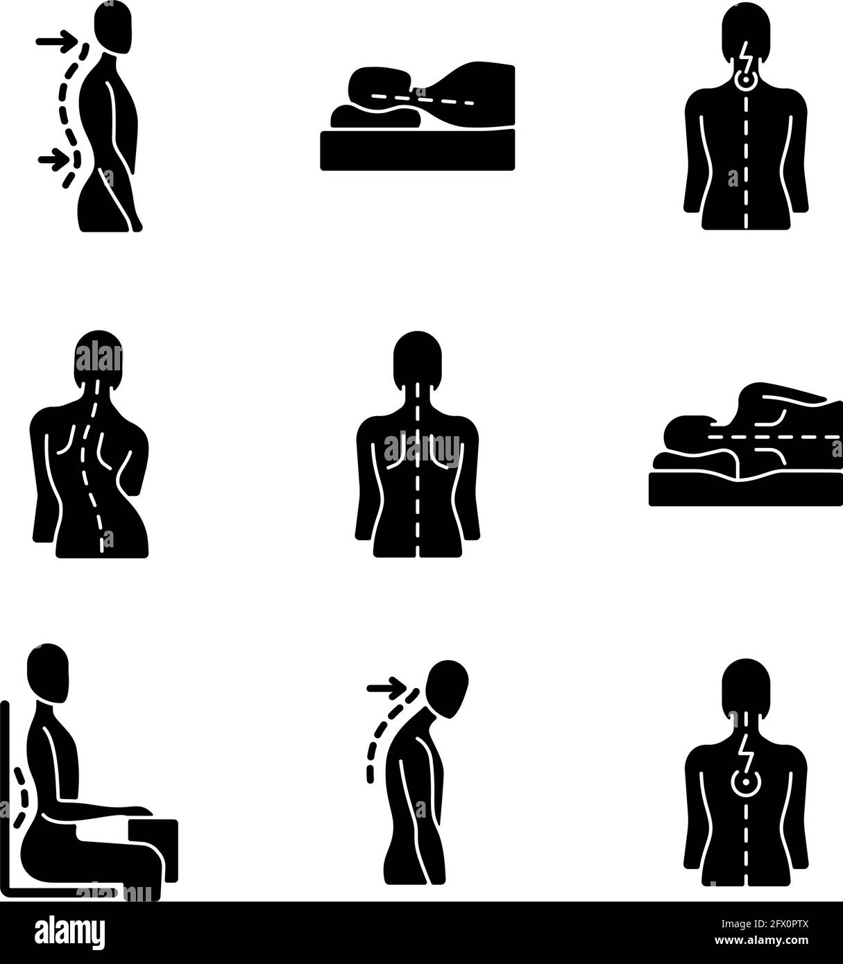Back and posture problems black glyph icons set on white space Stock ...
