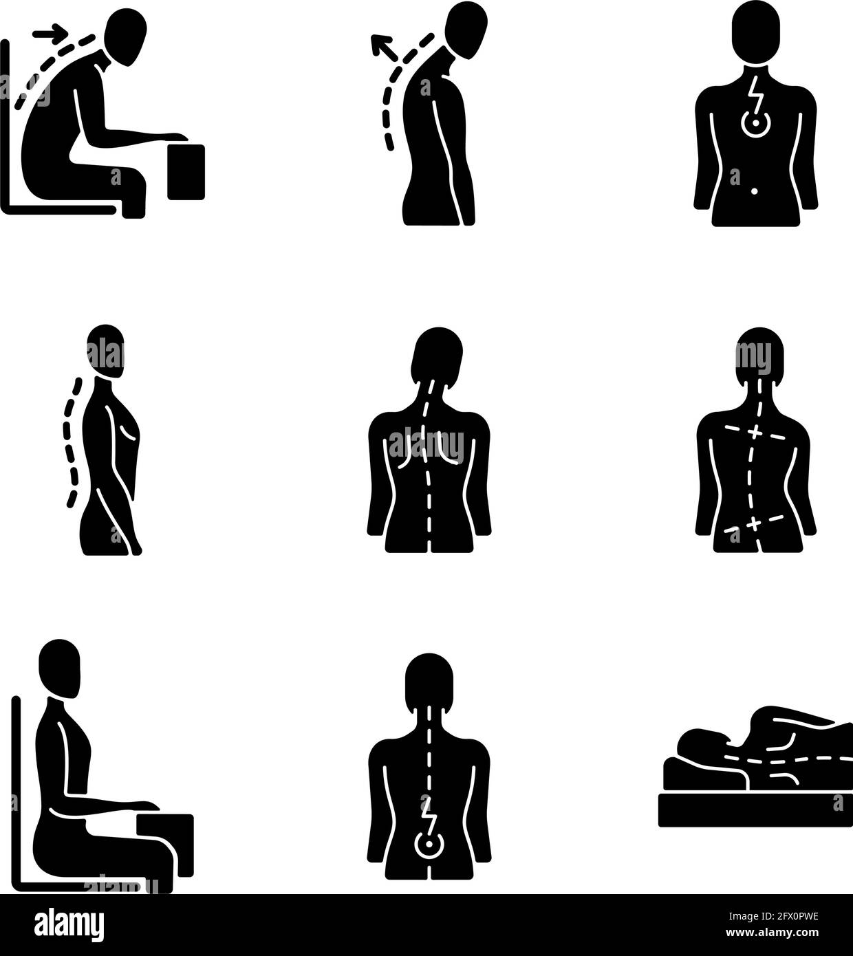 Back and posture problems black glyph icons set on white space Stock ...