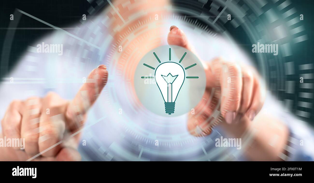 Woman touching a new technology innovation concept on a touch screen ...