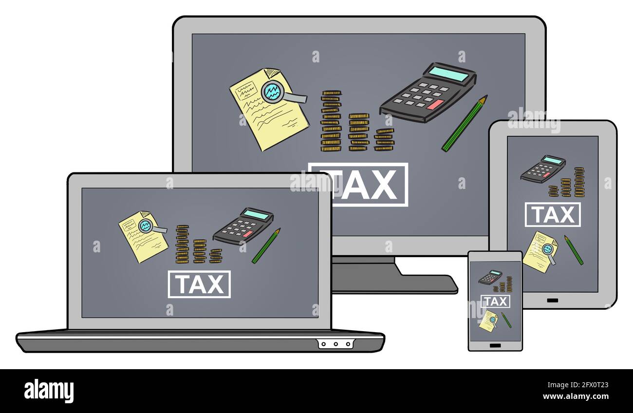 Tax concept shown on different information technology devices Stock ...