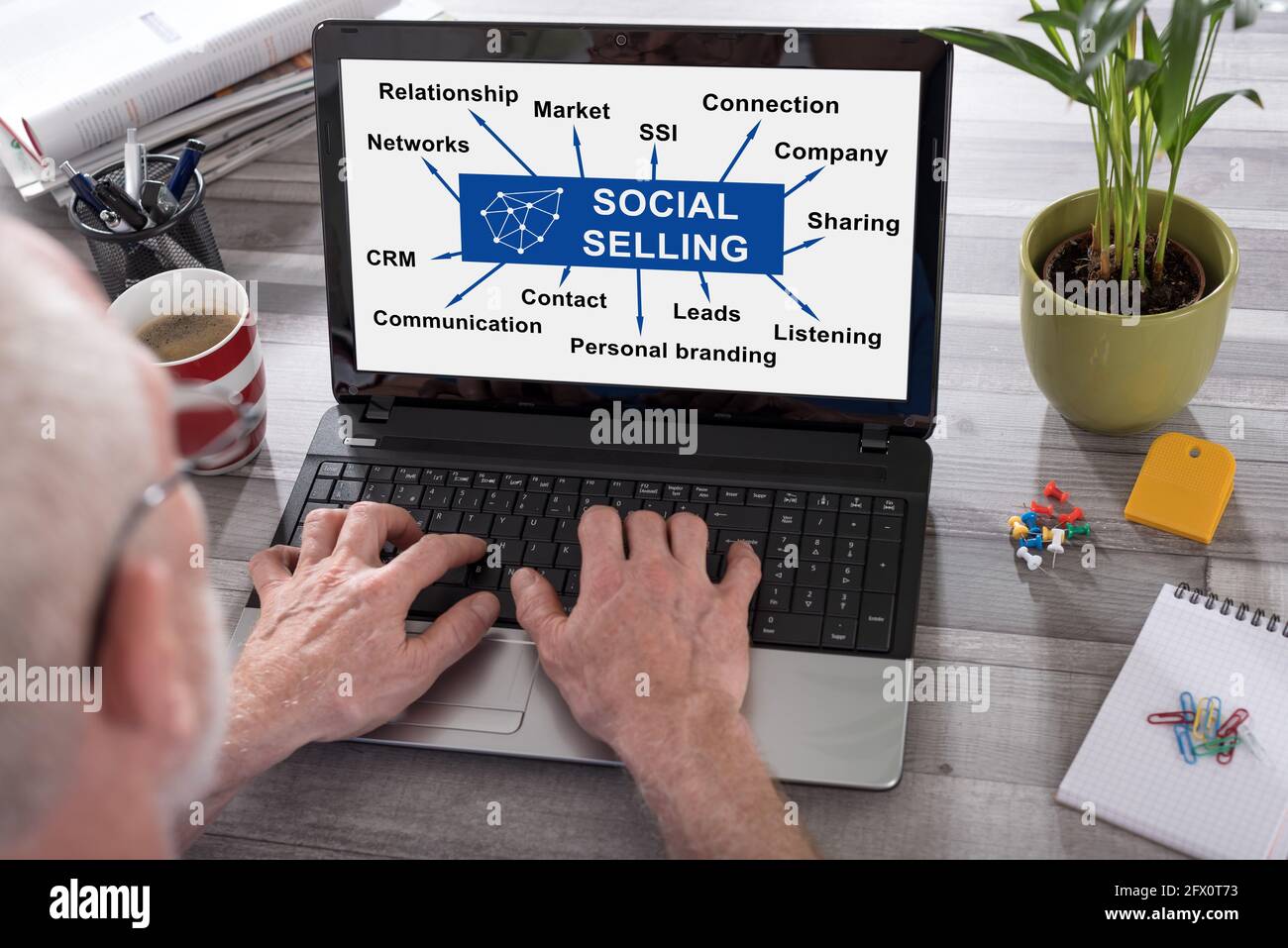 Social selling concept shown on a laptop used by a man Stock Photo - Alamy