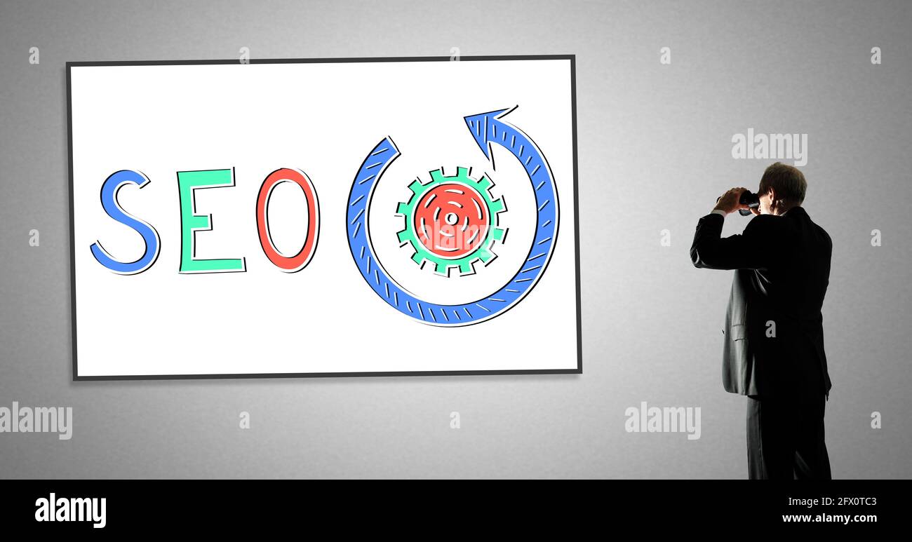 Man looking at seo concept through binoculars Stock Photo - Alamy