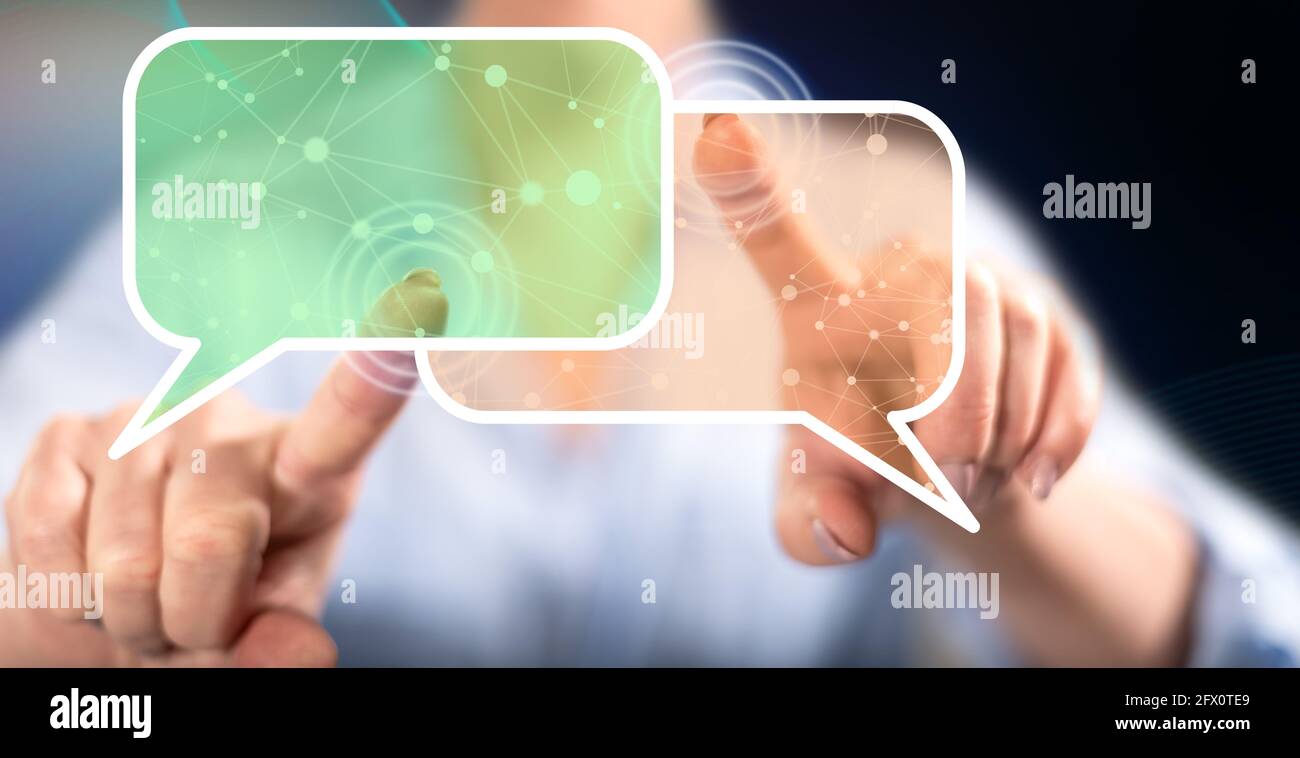 Woman touching a communication network concept on a touch screen with ...