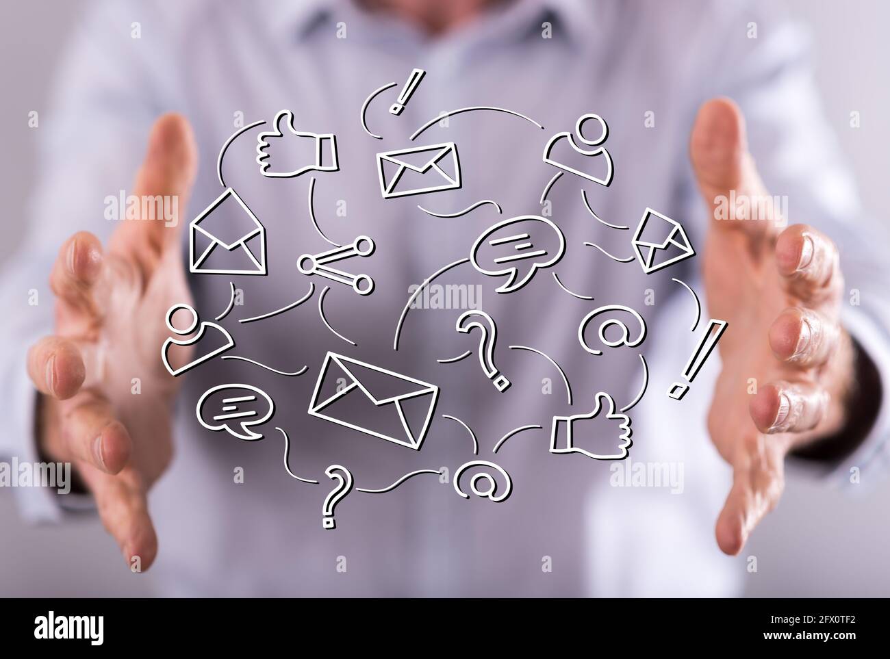 Social network concept between hands of a man in background Stock Photo ...
